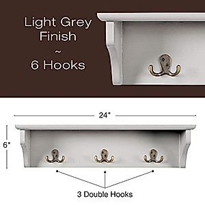 EXCELLO GLOBAL PRODUCTS Hand Painted 24 by 6 in Wooded Wall Mounted Hanging Entryway Shelf with 6 Hooks, Grey