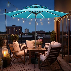 FLAME&SHADE 9 ft Double Top Solar Powered Outdoor Market Patio Table Umbrella with LED Lights and Tilt, Aqua Blue