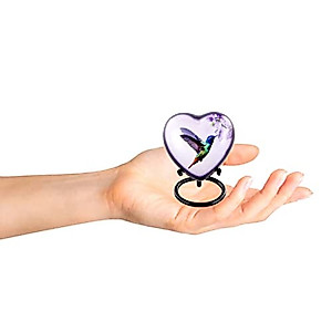Hummingbird Heart Keepsake Urn, Hummingbird Mini Heart Urn for Ashes, Hand Painted Sharing Heart Urn with Stand, Velvet Case & Bag (Heart Keepsake)