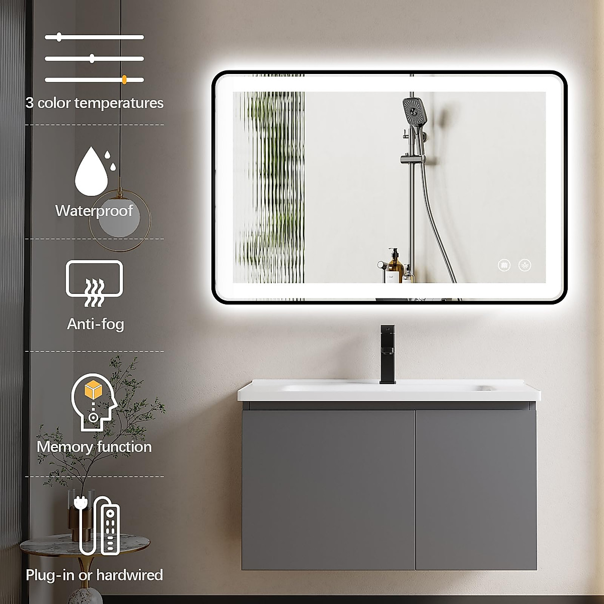 Niccy LED Bathroom Mirror, 30"x22" Rectangle Wall Mounted Vanity Mirrors with Metal Frame, Anti Fog Dimmable Smart Mirror for Bathroom/Bedroom/Livingroom/Entryway(Horizontal or Vertical),Black