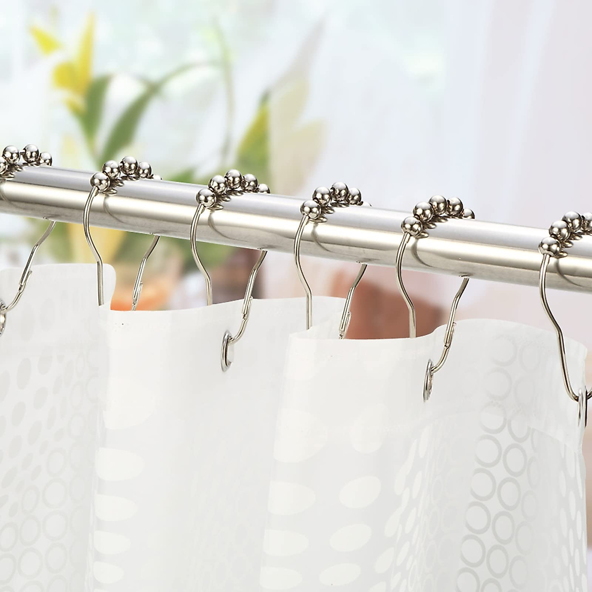 Amazer Shower Curtain Hooks, Decorative Rust Proof Stainless Steel Shower Curtain Hooks for Bathroom Shower Rods Set of 12, Polished Nickel