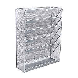 EasyPAG 5 Slot Wall Hanging File Organizer Vertical Office Desk /Wall Mounted File Holder Paper Organizer with Bottom Flat Tray,Black,Silver