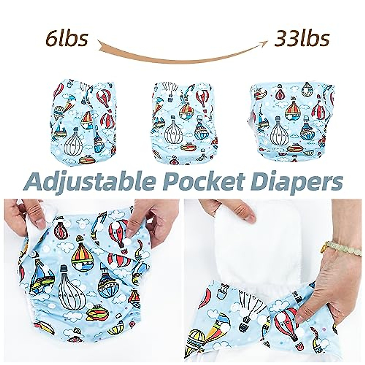 Baby Cloth Nappies for Babies 10 Pack Washable Nappies Diapers 5 Cloth Diapers & 5 Reusable Nappies Inserts Adjustable Super Absorbent Pocket Nappy for Infants (Blue Bear Balloon Flamingo)