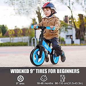 JOLLITO Toddler Balance Bike for 18 Months, 2, 3, 4 Years Old Girl Boy, Adjustable Seat and Handlebar, 9 Inch Wheel, Aluminium Frame, Best Gift for Beginners