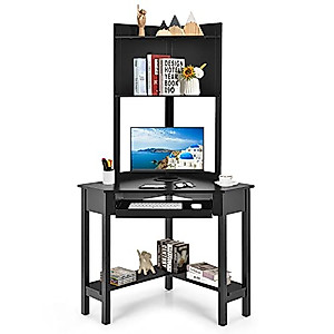 COSTWAY Corner Desk with Hutch, Compact Corner Computer Desk, Study and Writing Table with Keyboard Tray & Bottom Shelves, Space-saving Laptop PC Desk for Small Space, Home, Bedroom, Apartment (Black)