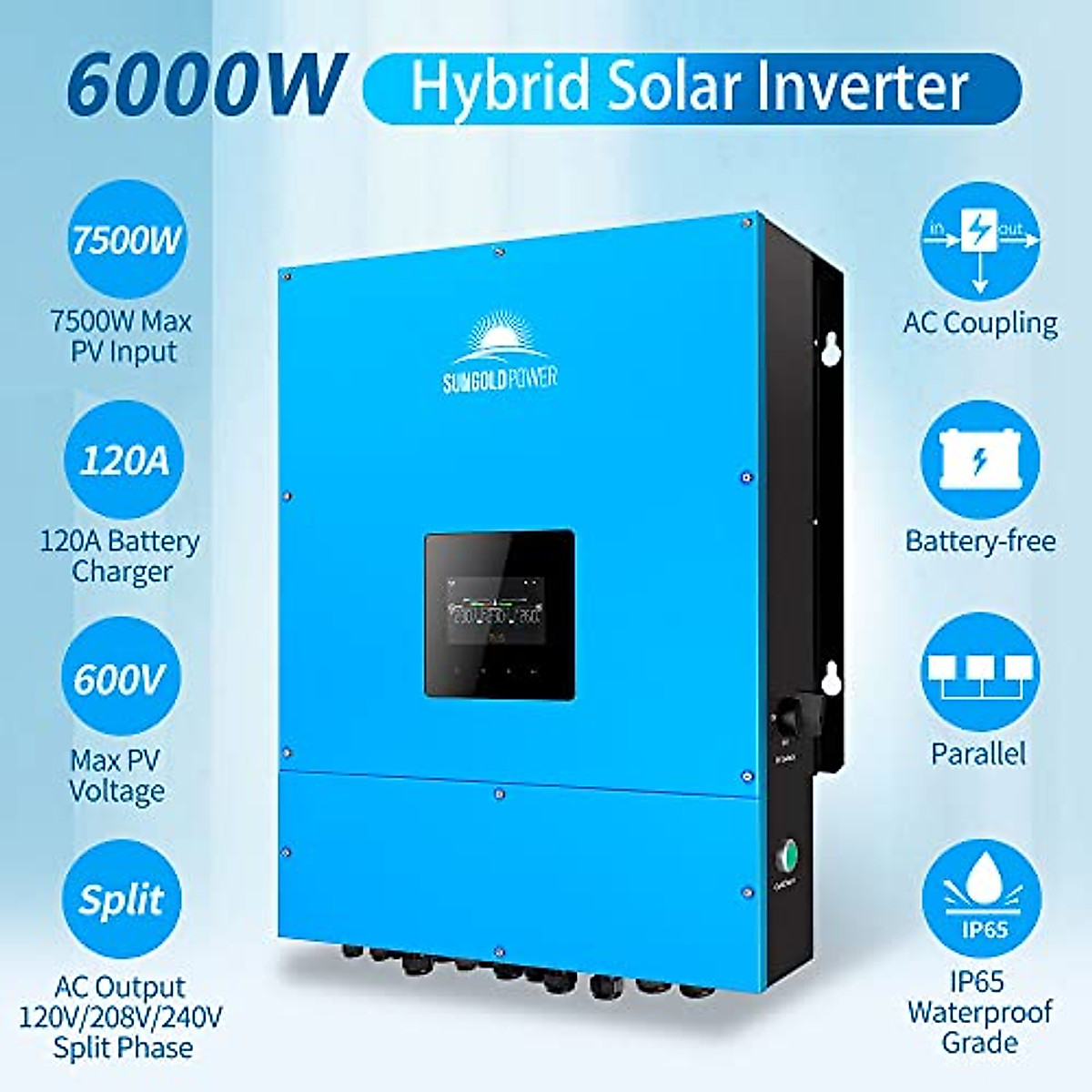 SUNGOLDPOWER UL1741 6000W 48Vdc Hybrid Solar Inverter, AC 240V Input, AC 120V/208V/240V Output Split Phase Inverter, AC Coupled, IP65 Rating Waterproof Inverter for Grid Tied and Off Grid System