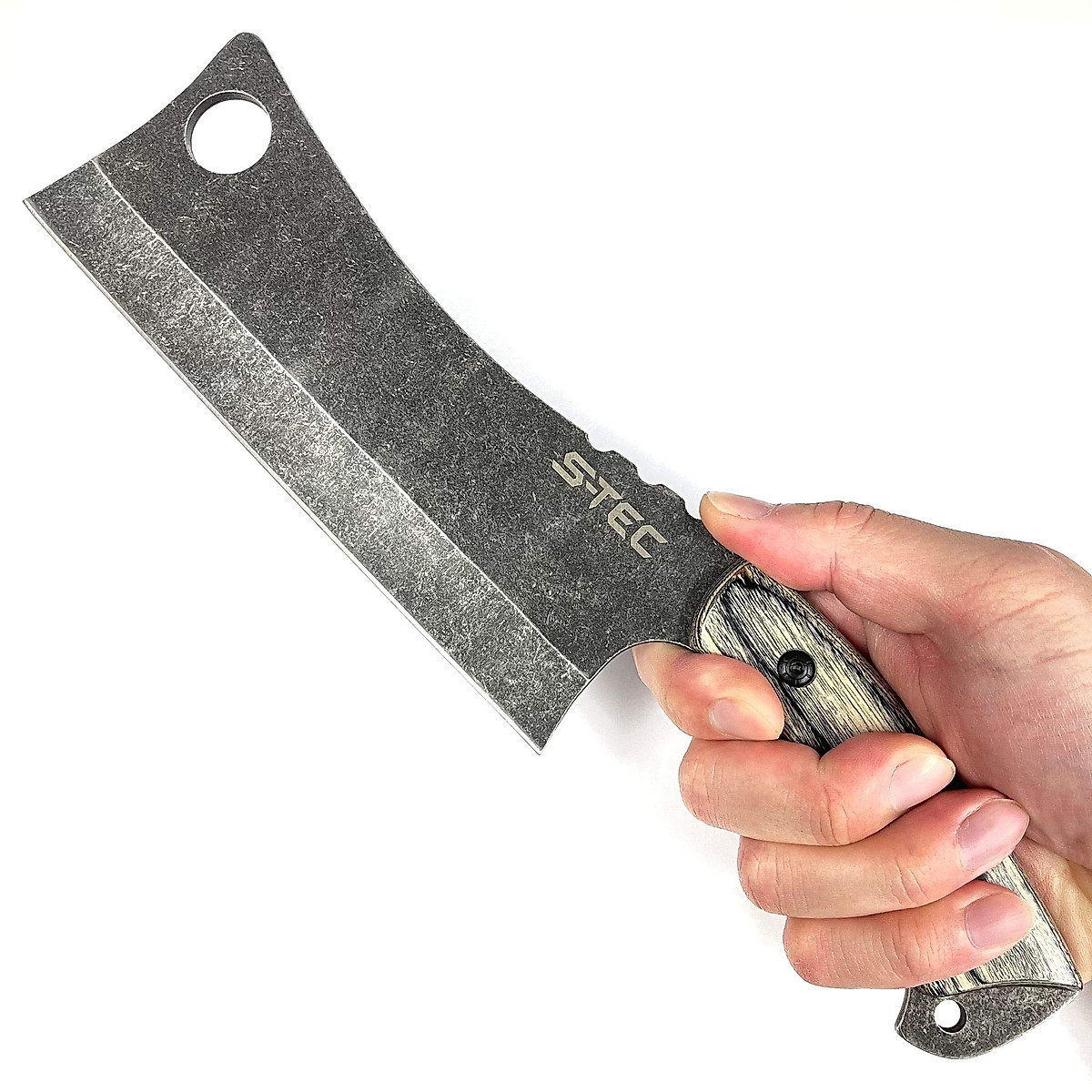 12" Fixed Blade Hunting Machete Cleaver Knife I 7.5 inch Blade I Natural Wood Handle I Outdoor & Sport I Camping I Hunting I Nylon Sheath I (Stonewash/Wood)