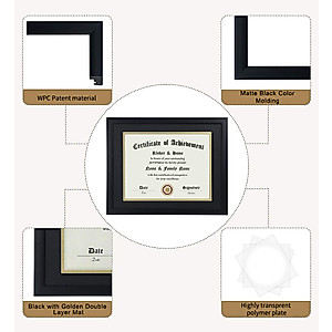 ELSKER&HOME 8.5×11 Certificate Frame - Classic Black Color Frame - Displays Diploma 8.5×11 Inch with Mat - 11×14 Inch Without Mat - For Document/Photo(Double Mat - Matte Black with Gold Rim)