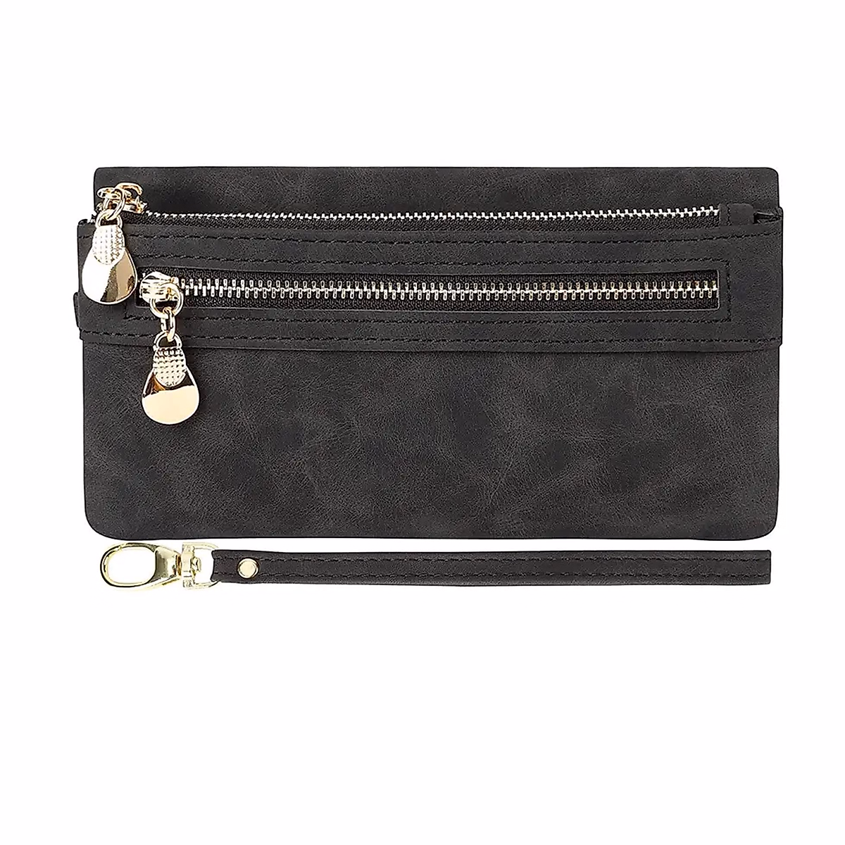 Soft Leather Long Wallet Wristlet with hand Strap Clutch Bag for Women Card holder Phone Bag (Black)