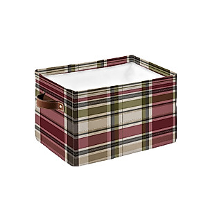Fall Storage Bins with Handles, Pink Green Rustic Buffalo Plaid Vintage Autumn Storage Basket for Shelves, Cube Storage Organizer Bins for Toys, Closet (1 Pack, 15" x 11" x 9.5")