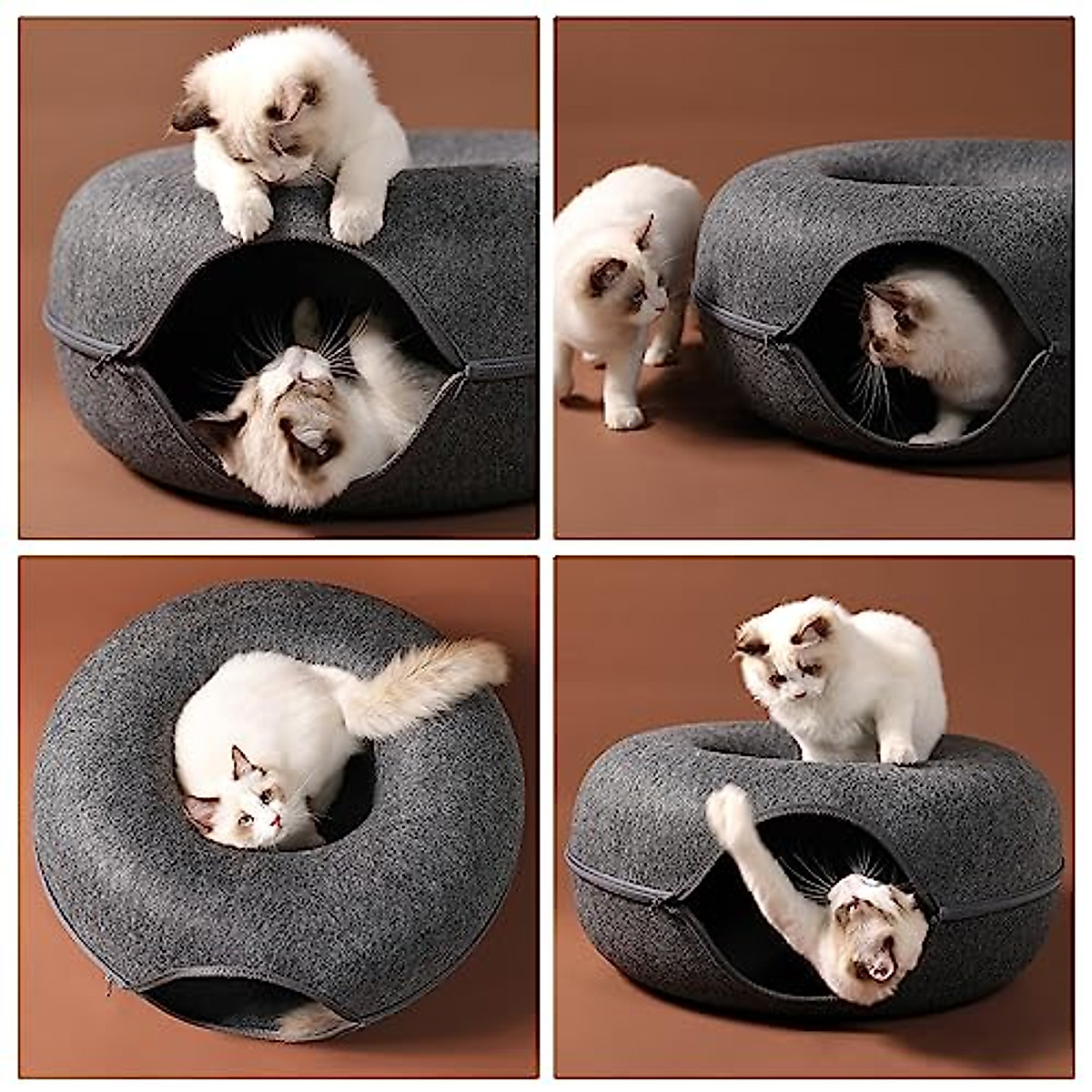 Bininl Cat Tunnel,Peekaboo Cat Cave Bed for Indoor Cats,Cat Donut Tunnel for Pet Cat House,Detachable Round Cat Felt & Washable Interior Cat Play Tunnel(24 Inch, Dark Grey)
