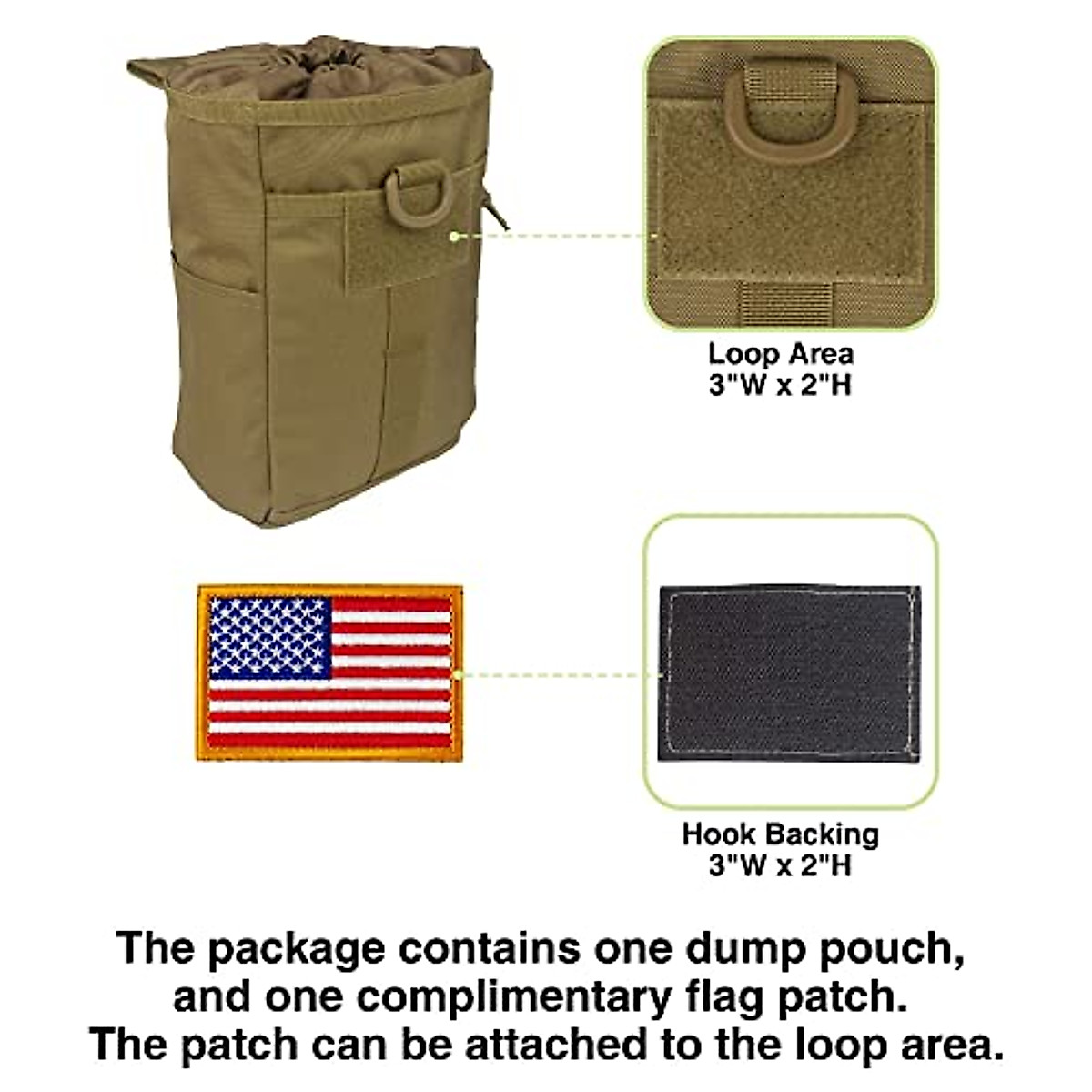 Tactical Military MOLLE Dump Pouch – Foldable Durable and Versatile Magazine Utility Waist Bag for Outdoor Enthusiasts, with 1 Flag Patch Included, Coyote Brown