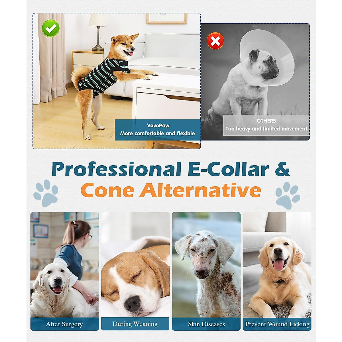 VavoPaw Dog Surgery Suit, Soft Breathable Dog Onesie for Surgery, Dog Bodysuit for Female Male Puppies, Puppy Cone E-Collar Alternative for Wounds Skin Diseases After Surgery, XXXL Black Stripe