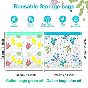 Reusable Freezer Gallon bags 12 PACK Extra Large Reusable Freezer Bags BPA Free Leakproof Plastic Bags Reusable Food Storage Bags Silicone Kids Snack Bags Reusable Ziplock Bags for Meal Prep, Travel Items