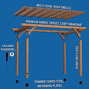 Backyard Discovery 14x10 Fairhaven Pergola, Rustic Finish, Nordic Spruce Lumber, Support Winds Up to 100 MPH, Powerport USB and Electrical Outlet, Backyard, Garden