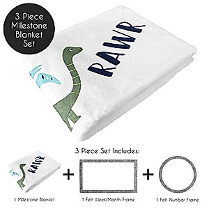 Sweet Jojo Designs Mod Dino Boy Milestone Blanket Monthly Newborn First Year Growth Mat Baby Shower Memory Keepsake Gift Picture - Blue, Green and Grey Modern Dinosaur Rawr