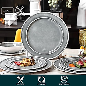 Melamine Dinnerware Set - 12pcs Dishes Dinnerware Set for 4, Indoor and Outdoor use, Dishwasher Safe, Break-resistant, Lightweight, Gray
