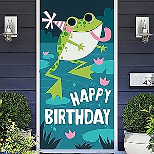 Cute Cartoon Green Frog Happy Birthday Banner Decorations Reptile Animals Theme Decor for Girls Boys Prince Princess 1st Birthday Party Baby Shower Supplies Photo Booth Props