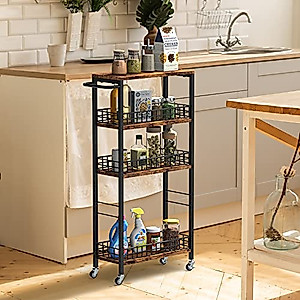 Slim Storage Cart Rolling Kitchen Cart with Wheels Narrow Laundry Storage Utility Cart 4 Tier Bathroom Mobile Shelving Unit Organizer with Wood Tabletop Trolly Cart with Handle for Small Spaces, Brown