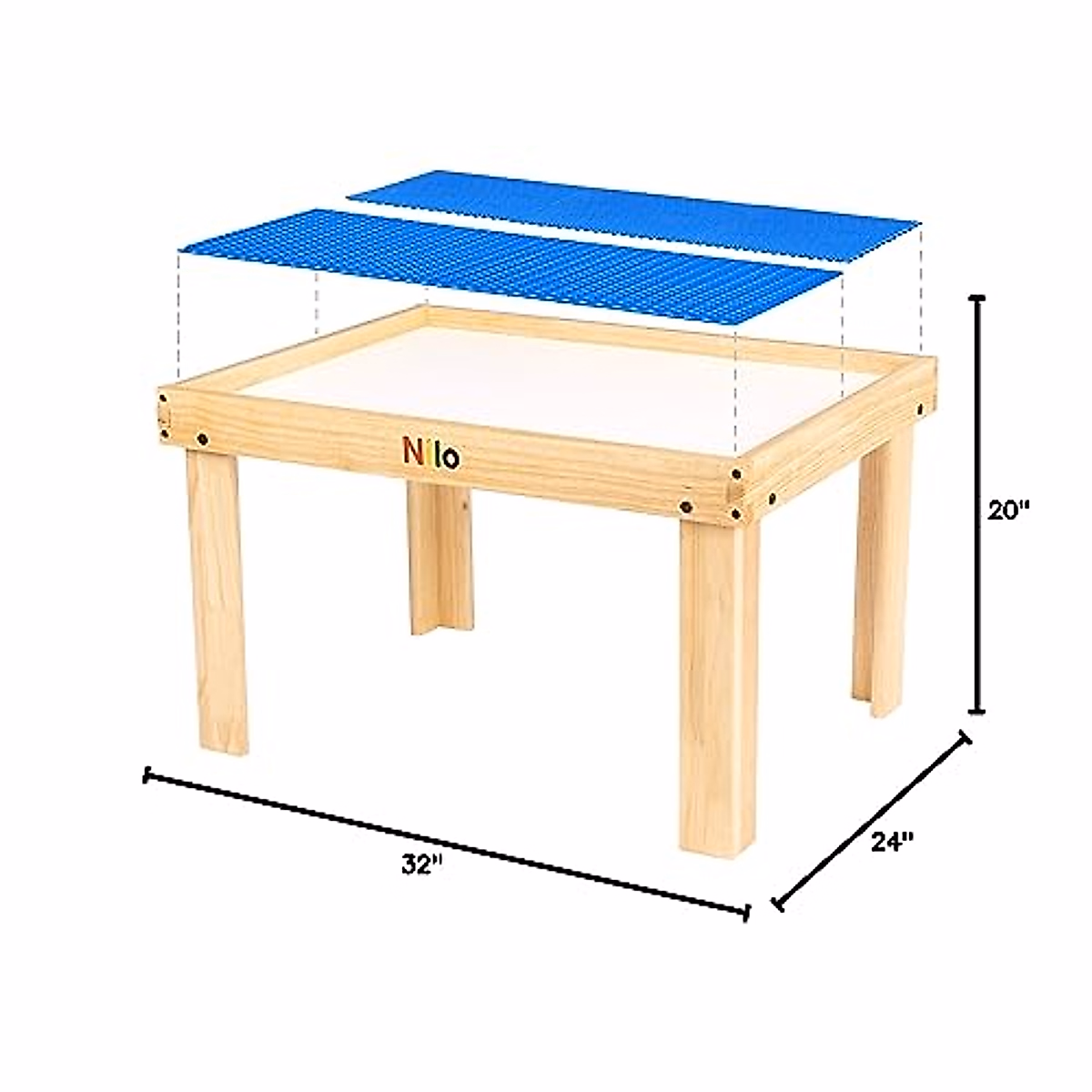 NILO Kids Activity Table Set with 2 Compatible with/Replacement for Detachable Double-Sided Baseplates/Boards/Mats Lego Duplo (N34 Play Table Without Holes, 24x32x20 and 2X Blue Base Plates 12x32)