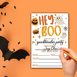 Deluxe Halloween or Costume Party Invitations, 25 Fill-in Cards with Envelopes, Pumpkin, Ghost, Monster, Cute Trick or Treat, Box or Treat for Kids Birthday or Adult party - 4"X6" (JRM359)
