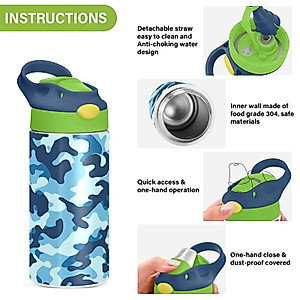 Blue Camo Camouflage Kids Water Bottle, BPA-Free Vacuum Insulated Stainless Steel Water Bottle with Straw Lid Double Walled Leakproof Flask for Girls Boys Toddlers, 12Oz
