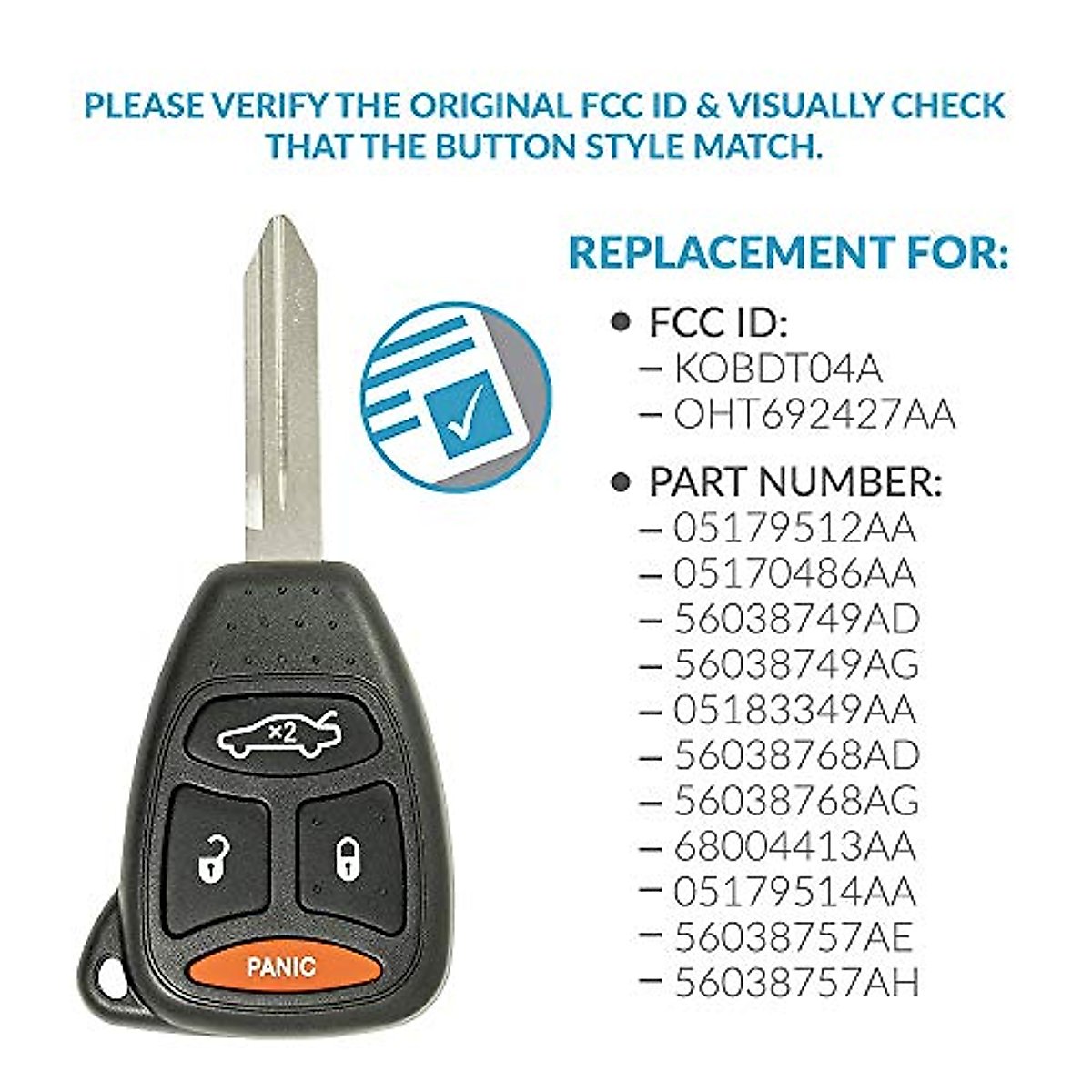 Keyless2Go Replacement for Keyless Remote Head Key Fob 4 Button KOBDT04A and OHT692427AA (2 Pack)