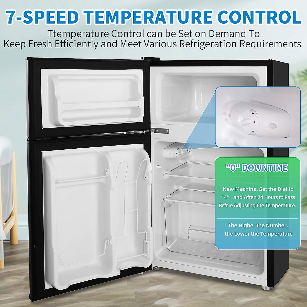 LHRIVER 3.1 Cu Ft Mini Fridge with Freezer - 2 Door Compact Refrigerators with Refrigerators Thermostat, Retro Mini Fridgefor Bedroom, Office, Stainless Steel Black