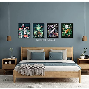 Mushroom Butterfly Wall Art, Black Background Botanical Floral Insect Wildlife Fox Print, Fun Cute Creative Nature Poster for Kitchen Bedroom Living Room Decor, Set of 4 - (8 x 10 Inch Unframed)