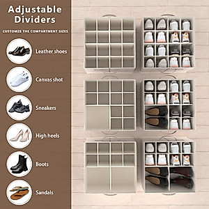 artgeeker Shoe Organizer for Closet- Fits 16 Pairs, Large Foldable Shoe Storage with Clear Cover, Beige Adjustable Dividers Shoe Containers with Mesh Pockets and Pull Handles - Beige