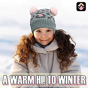 PEAK 2 PEAK Girls Hat and Fingerless Gloves Winter Set, Leapord with Plush Pink Pompoms - Age 4-12 Years