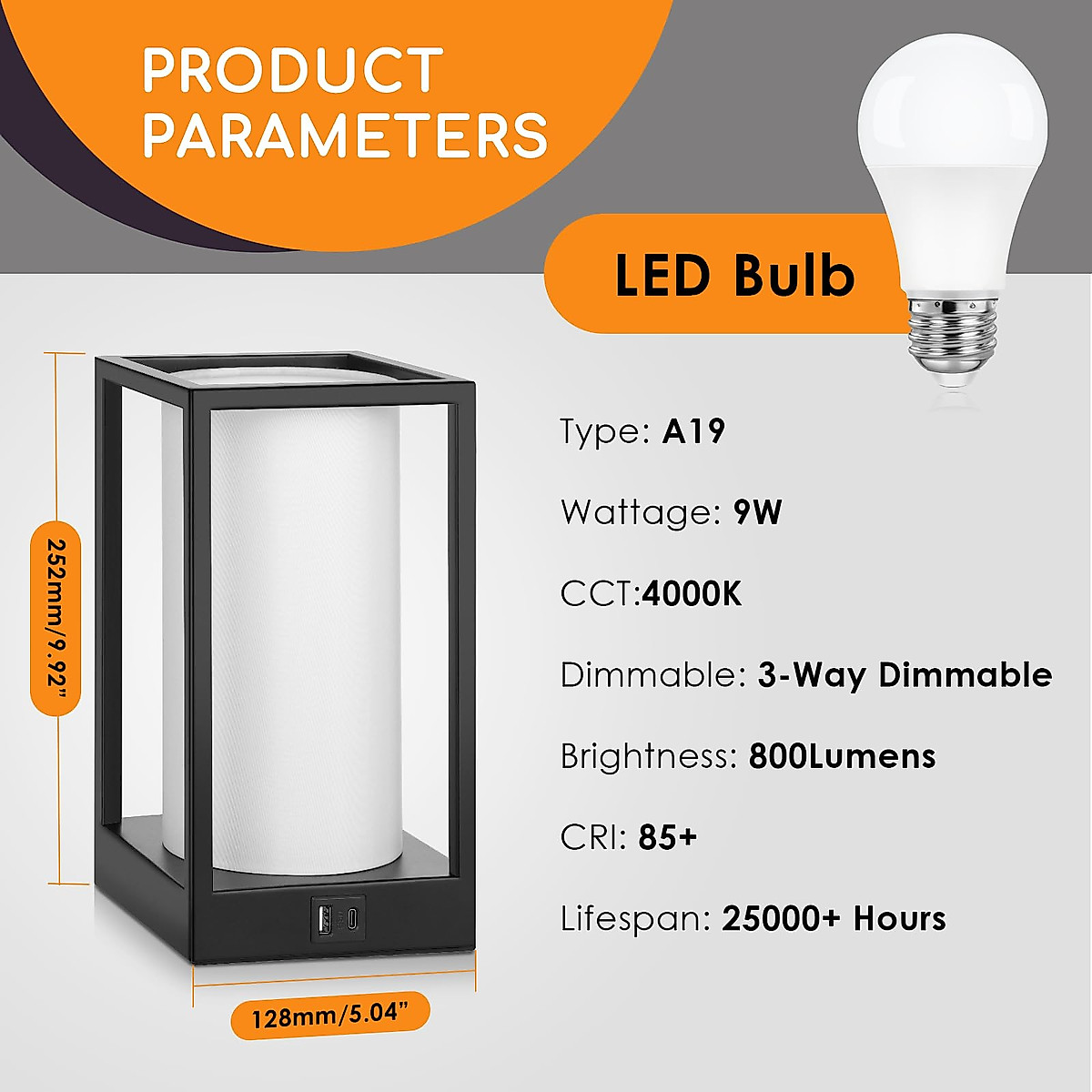 GGOYING Bedside Table Lamp,Touch Control Table Lamp with 3-Way Dimming,USB C Charging Ports,LED Bulb,Black Metal Body and White Fabric Lampshade Bedroom Lamp