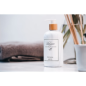 YS STORE Shampoo and Conditioner Dispenser - Refillable Bath Set of 3 16oz Bamboo Pump with Funnel White Containers for Body Wash, Waterproof label, clean and modern.