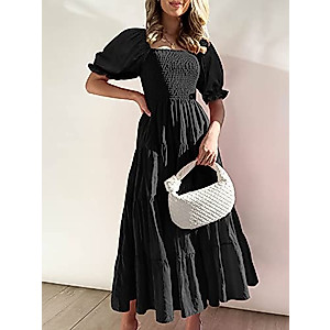 ANRABESS Women's Casual Summer Midi Dress Puffy Short Sleeve Square Neck Smocked Tiered Boho 2023 Spring Dresses for Wedding Bridal Shower 877heise-M Black