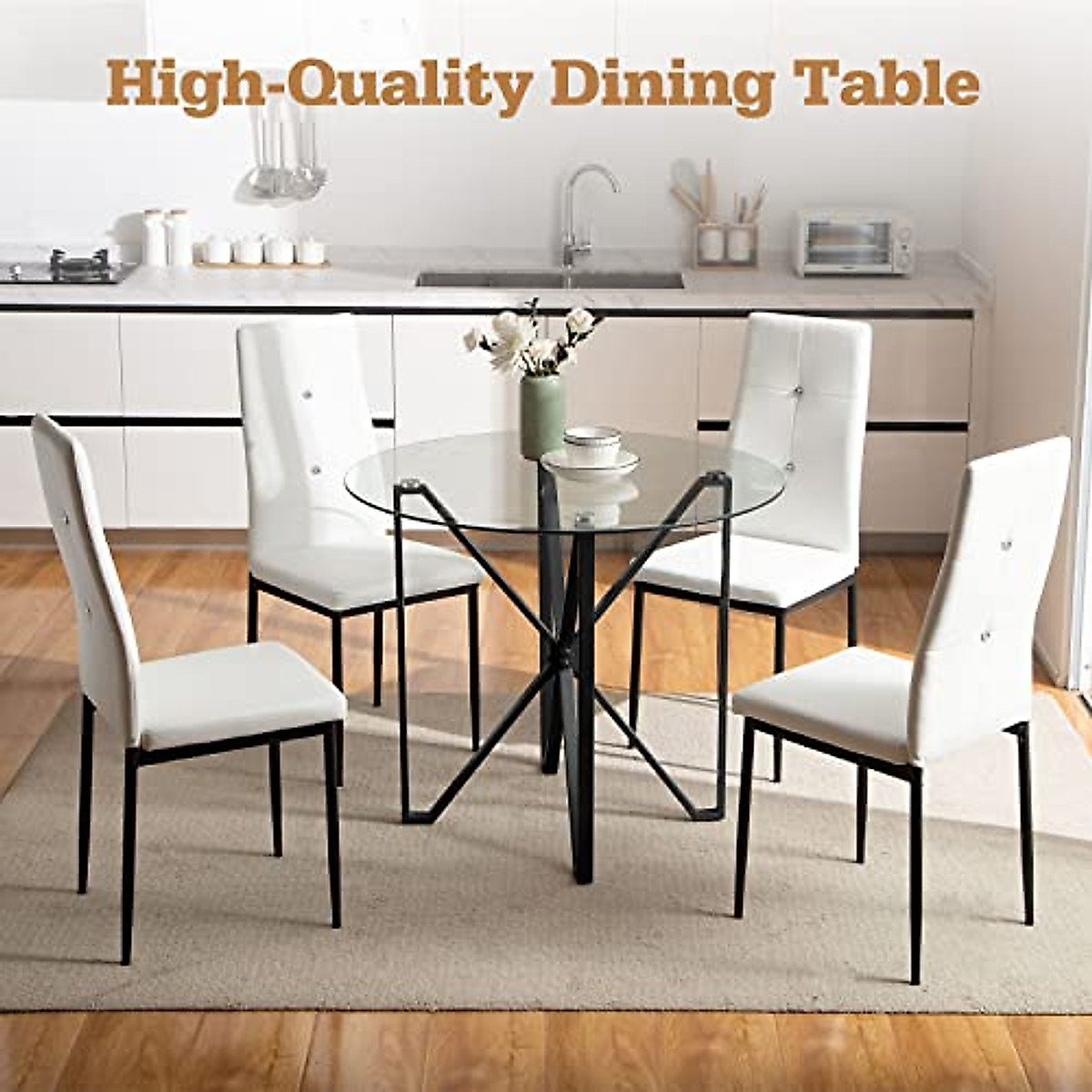 WISOICE Dining Table Round Glass Kitchen Dining Room Table with Tempered Glass Top and Metal Frames, Modern Circle Dinner Table for Small Spaces Living Room