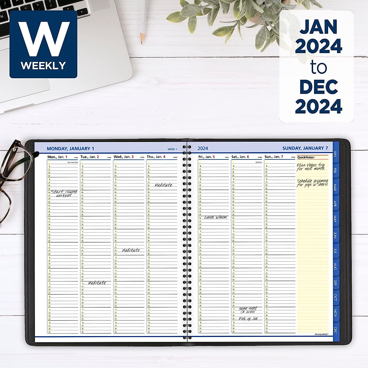 AT-A-GLANCE 2024 Weekly & Monthly Planner, QuickNotes, Quarter-Hourly Appointment Book, Monthly Tabs, 8-1/4" x 11", Large, Pockets, Black (769500524)