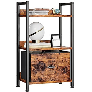 Furologee 3 Tier Bookshelf with Drawer, Small Bookcase with Shelves, Short Wood and Metal Book Shelf Storage Organizer, Industrial Freestanding Shelf Units for Bedroom, Living Room, Dorm, Rustic Brown