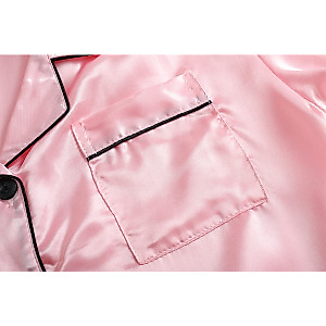 Vopmocld Big Kids Unisex Pjs Set Girls Boys Silk Pajama Sets Satin Clasic Sleepwear Summer 2 Pieces Button Down Nighty, Pink, 12