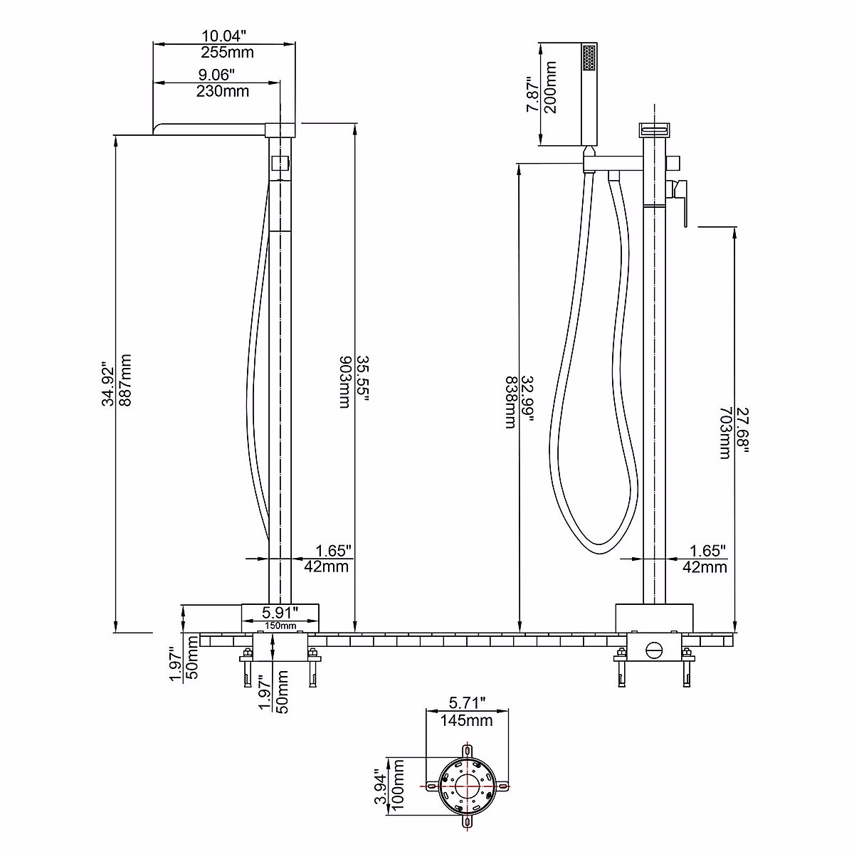 JiaYouJia Waterfall Freestanding Bathtub Faucet Brushed Gold Floor Mount Tub Filler Solid Brass Single Handle Bathroom Faucet with Hand Shower