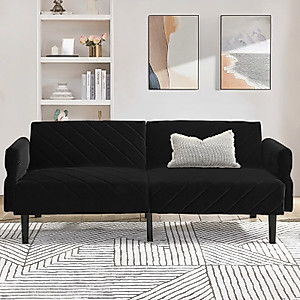 JEEOHEY Futon Sofa Bed, 78" Convertible 3 Seat Sleeper Sofa w/5 Level Adjustable Split Backrest & 3 Level Armrest, Oversized Velvet Futon Couch Bed for Living Room, Apartment, Small Space, Black