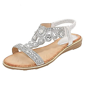 Women Rhinestone Sandals Summer Casual Beach Sandals T-Strap Buckle Bohemian Pearl Crystal Flat Sandals (Silver, 8)