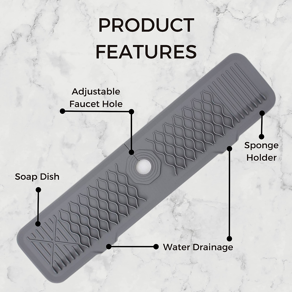 Kitchen Sink Splash Guard Behind Faucet 24 inch | Kitchen Faucet Mat Splash Guard Sink Accessories | Longer Mat, Self-Draining Inclined Slope Design, Durable, Dishwasher Safe, Adjustable Hole