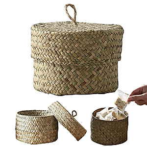 QmjdDymx Small Seagrass Storage Baskets with Lid Straw Round Storage Box with Handle Wicker Basket Home Organization for Snack, Keys Desktop Decor