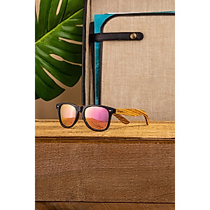 Woodies Zebra Wood Sunglasses with Pink Mirrored Polarized Lens and Real Wooden Frame for Men and Women | 100% UVA/UVB Protection