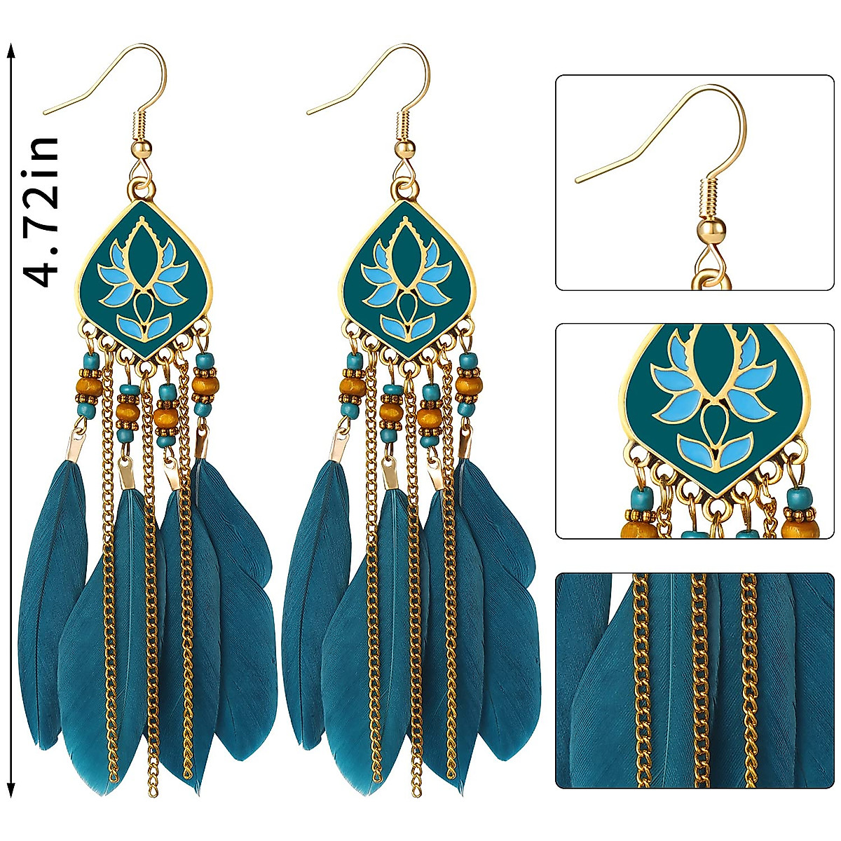 12 Pairs Feather Earrings Women Vintage Bohemian Earrings Long Drop Dangle Earrings Set With Dream Catcher Design