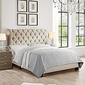 Rosevera Gideon Bed Frame/Fabric Upholstered Bed Frame with Adjustable Headboard/Chesterfield-Styled/Wood Slat Support/Easy Assembly,Twin,Beige