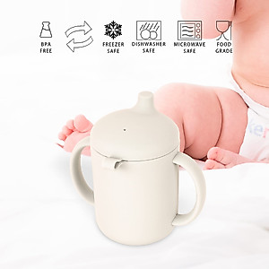 Sili Silicone Sippy Cup For Toddlers/Babies with Attached Lid and Handles, Spill-Proof Spout, BPA Free, Dishwasher Safe/Microwave Safe (Oat Milk)