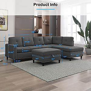 PUREMIND Modular Sectional Sofa, Convertible L Shaped Sectional Couches with Reversible Storage Ottoman for Living Room, Linen 5 Seats U Shaped Sofa Sleeper with Cup Holder (Dark Grey)