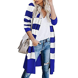 CARDYDONY Women's Long Sleeve Novelty Knit Cardigan Sweater Stripe Royal Blue M