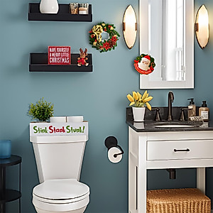 Veichin Double-Sided Christmas Funny Bathroom Decor with Double-Sided Sign, Stink Stank Stunk Box, Toilet Paper Storage Basket, White Wood Tank Tray Organizer with Handles for Christmas Decorative